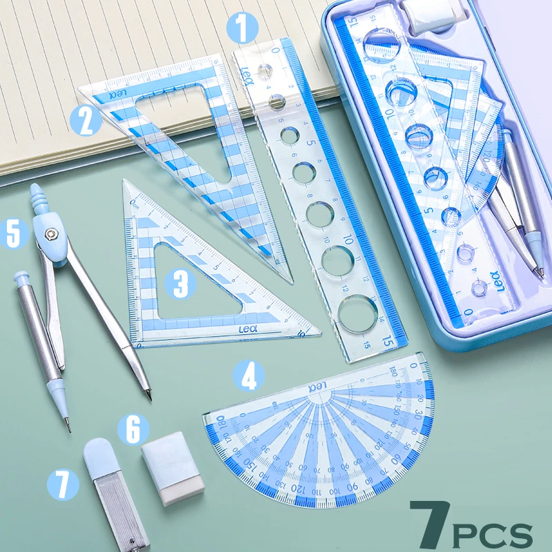 7Pcs-Set-Ruler-Compass-with-Metal-box-Geometry-Maths-Drawing-Compass ...