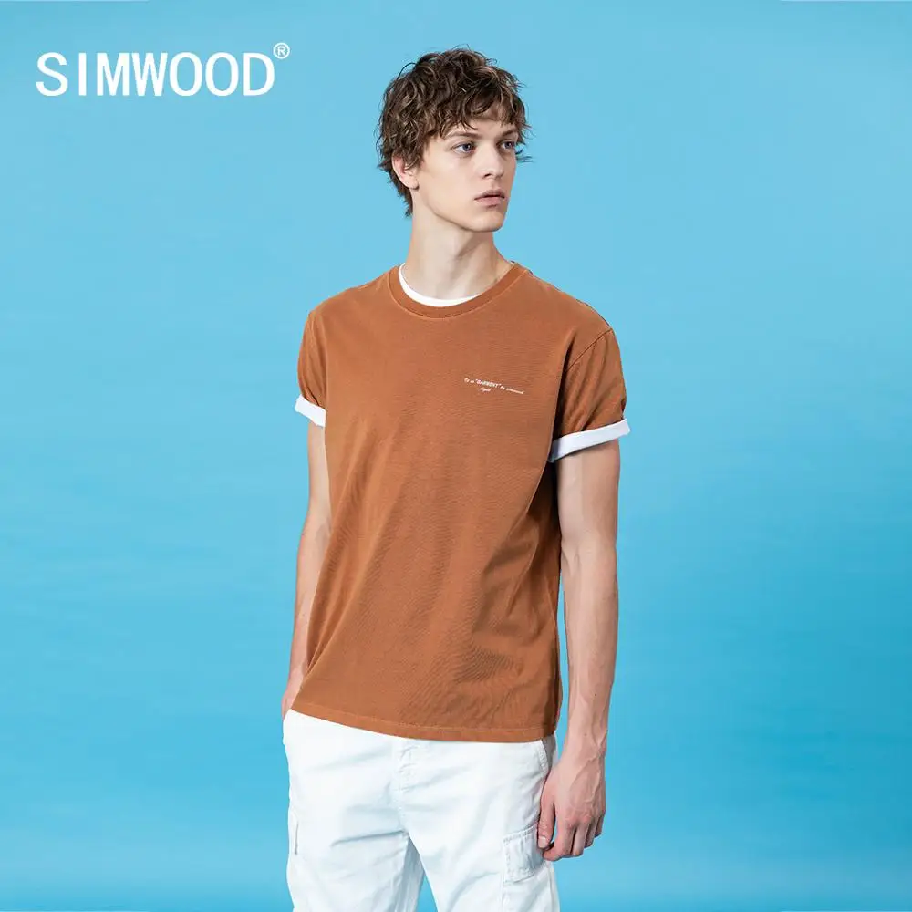 SIMWOOD 2022 Summer New Garment Dyed T Shirt Men Letter Print Vintage 100% cotton plus size tops ...