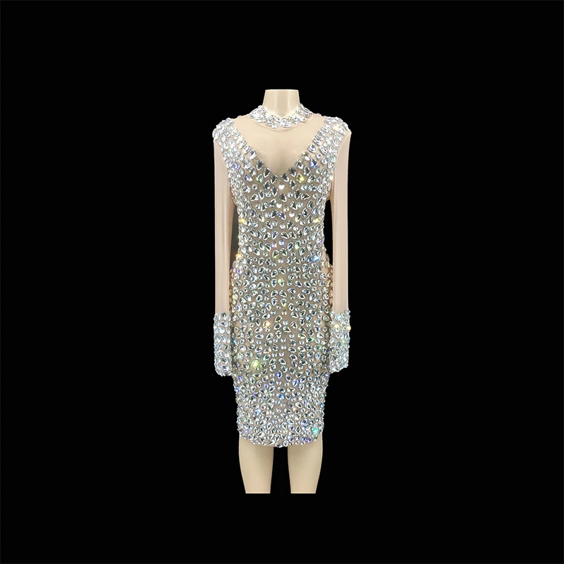Big-Rhinestones-Nude-Transparent-Short-Dress-Wedding-Party-Prom ...