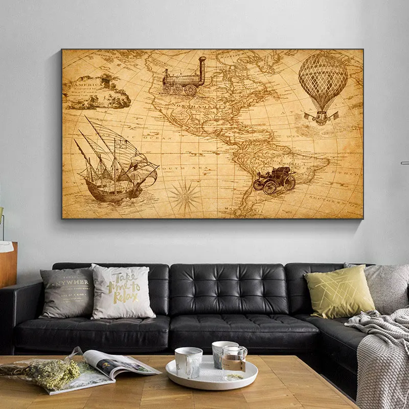 Pintura en lienzo de mapa Vintage de América, pinturas antiguas Retro ...
