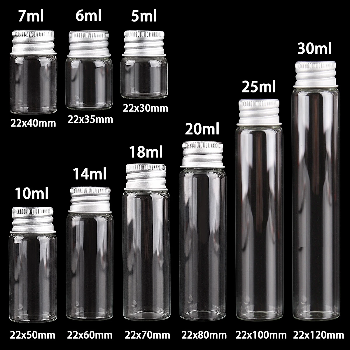 10 pieces 5ml/6ml/7ml/10ml/14ml/18ml/20ml/25ml/30ml Glass Bottles with ...