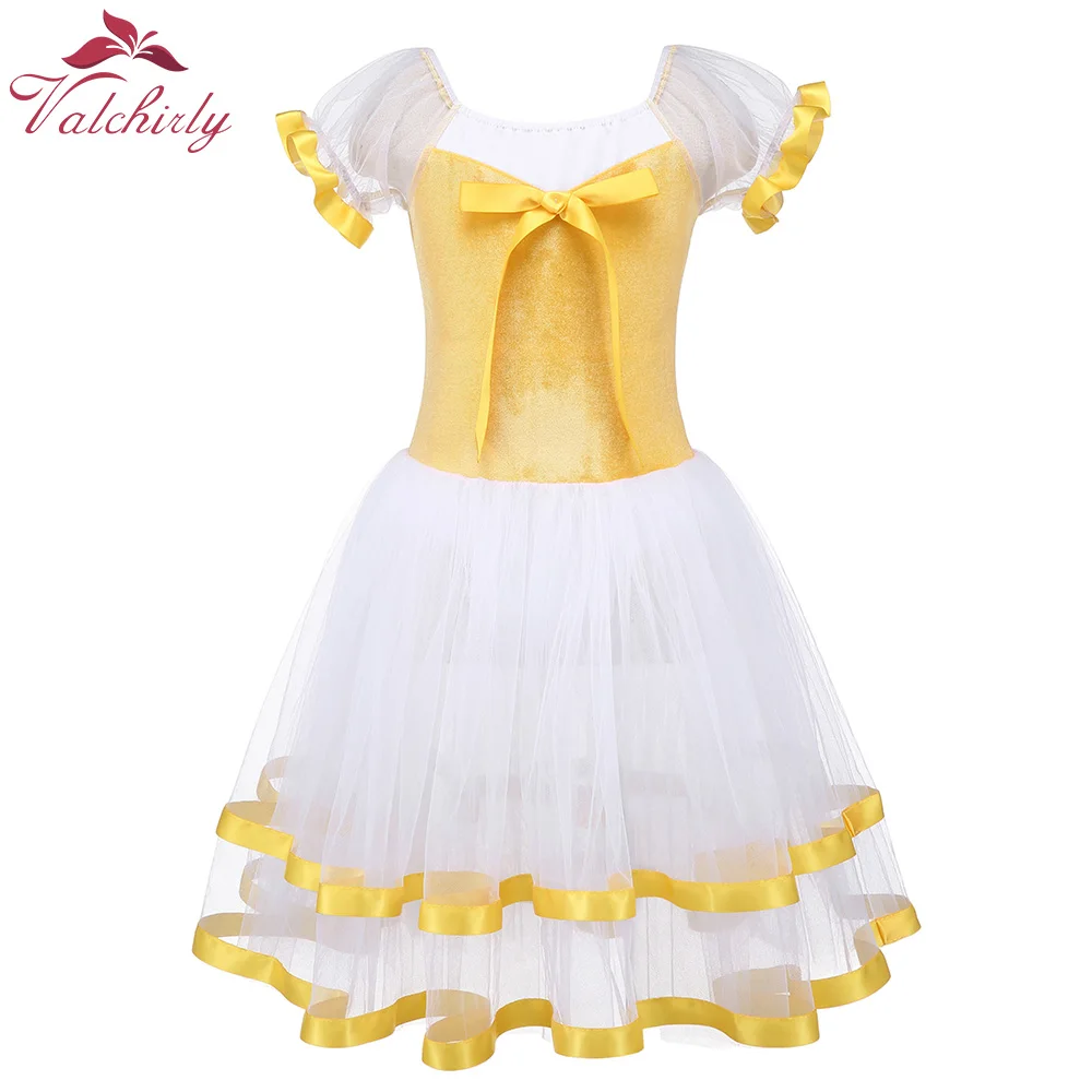 Yellow Ballet Dance Tutu Leotard Girls Dancewear Costume Ribbon Long ...