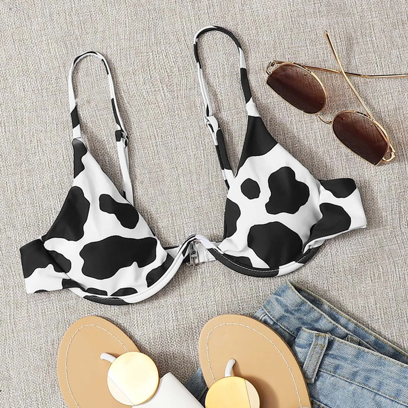 Women Cow Print Underwire Tops Separates One Piece Swimwear Bandeau ...