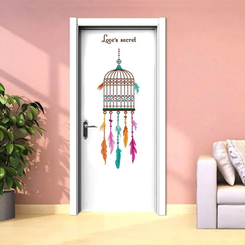 Colorful Birdcage Feather Door Stickers Love Secret Art Wall Sticker ...