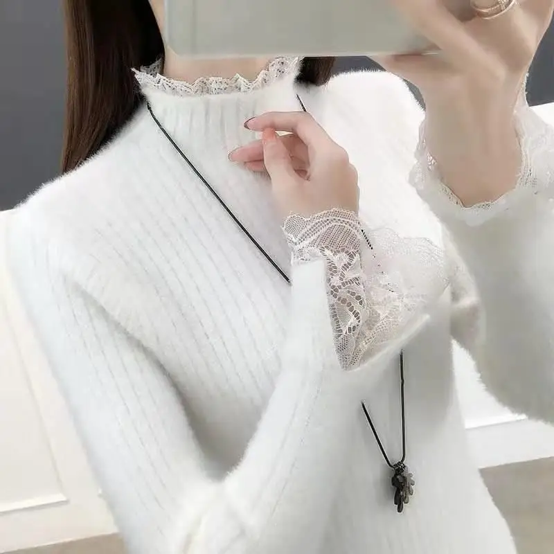 Pull,Pull en cachemire pour femme, col mi-haut, couture en dentelle ...