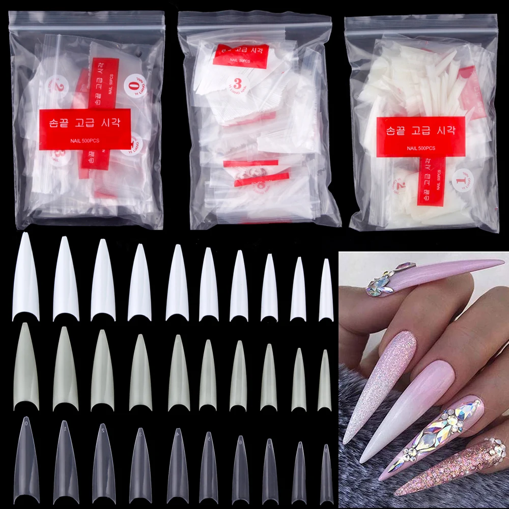 500pcs/Bag Nail Tips Transparent Stiletto Fake Nails Manicure Acrylic ...