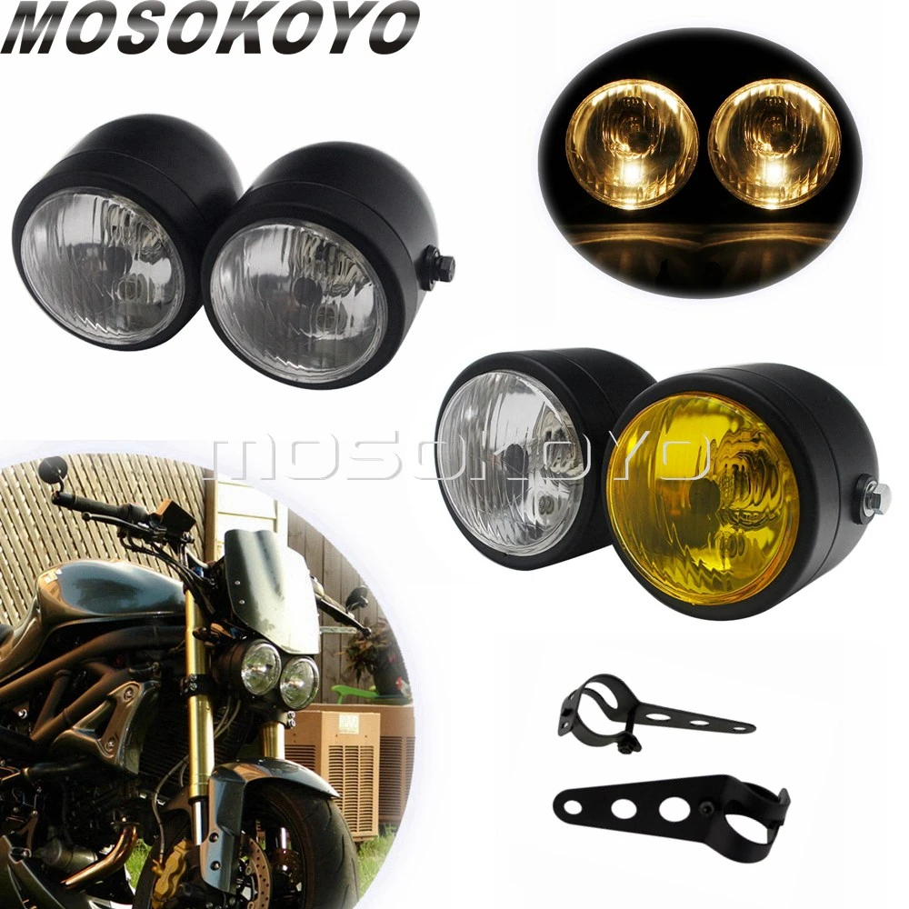 Cafe Racer Universal Black Motorcycle Twin Dual Headlight Motorcycle ...