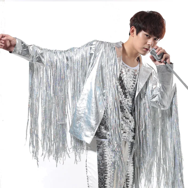 Stage Costumes For Singers Mens Silver Tassels Jacket Rock Punk Dj ...