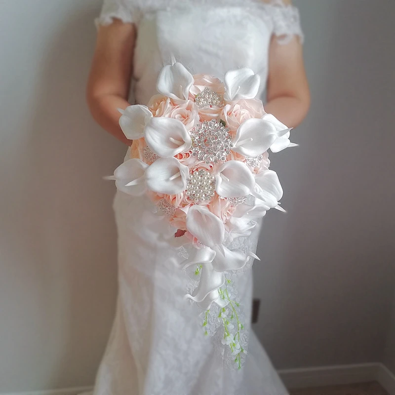 Cream-Pink-Rose-Waterfall-Bouquet-Wedding-White-Calla-Lily-Artificial ...