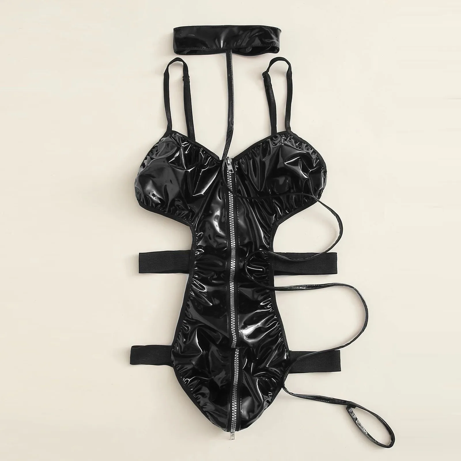 Patent Leather Lingerie Bodysuit Women Sexy Nightwear Hollow Out Halter ...