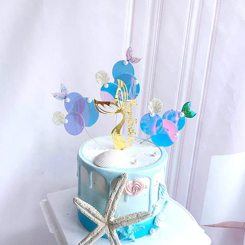 인어 꼬리 아크릴 생일 컵케익 토퍼 파란색 생일 케이크 토퍼 소녀용 생일 파티 케이크 장식 용품케이크 데코용품