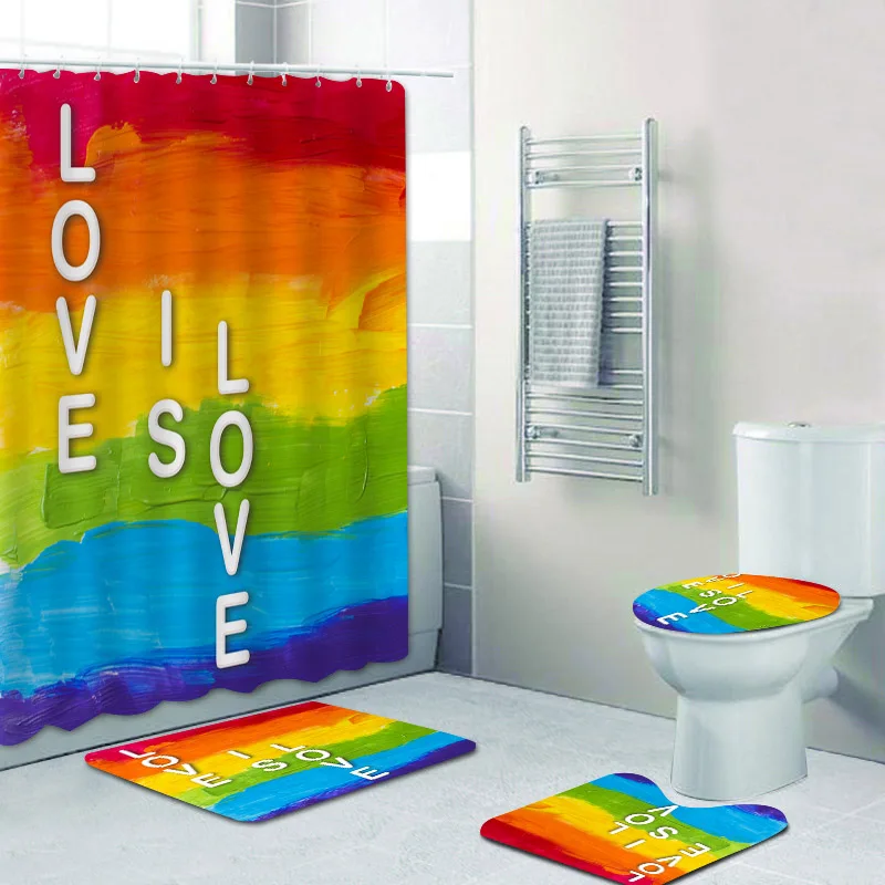 Rainbow Pride Gay Flag Shower Curtain Bath Mat Bathroom Set Toilet