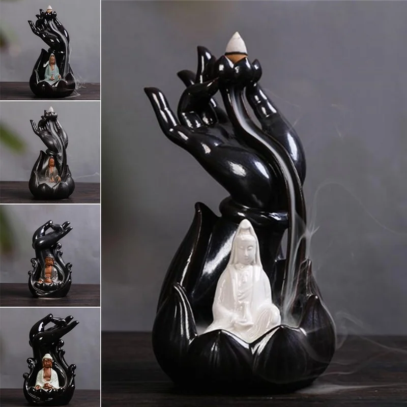 12x22cm Ceramic Backflow Incense Guanyin Tathagata Burner With Cones ...