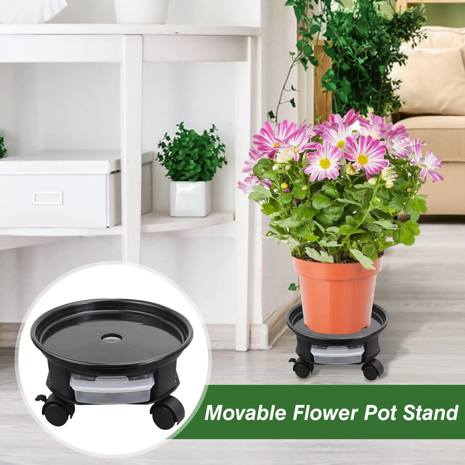 Movable Flower Pot Stand Plant Saucer With Storage Tank And Wheels ...