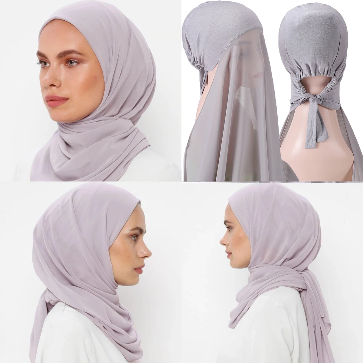 Chiffon Hijab Bonnet Elastic Rope Cap Bubble Heavy Solid Color Inner ...