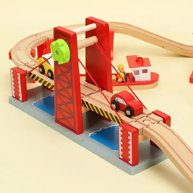 Wooden Train Track Toys Set Lifting Large Suspension Bridge Accessories ...