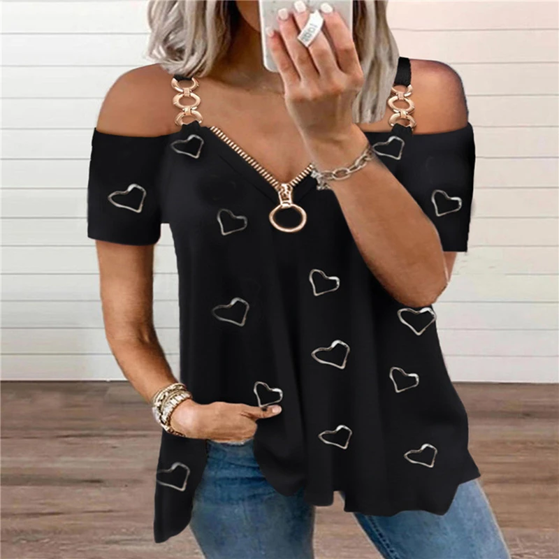 Sexy Low cut Tee Women New Summer T shirt Zipper Solid Color Tops ...