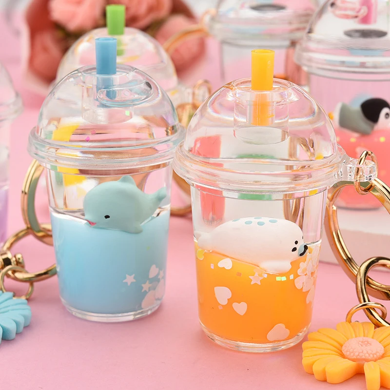 New Acrylic Milk Bottle Tortoise Penguin Keychain Simulation Cup Liquid ...