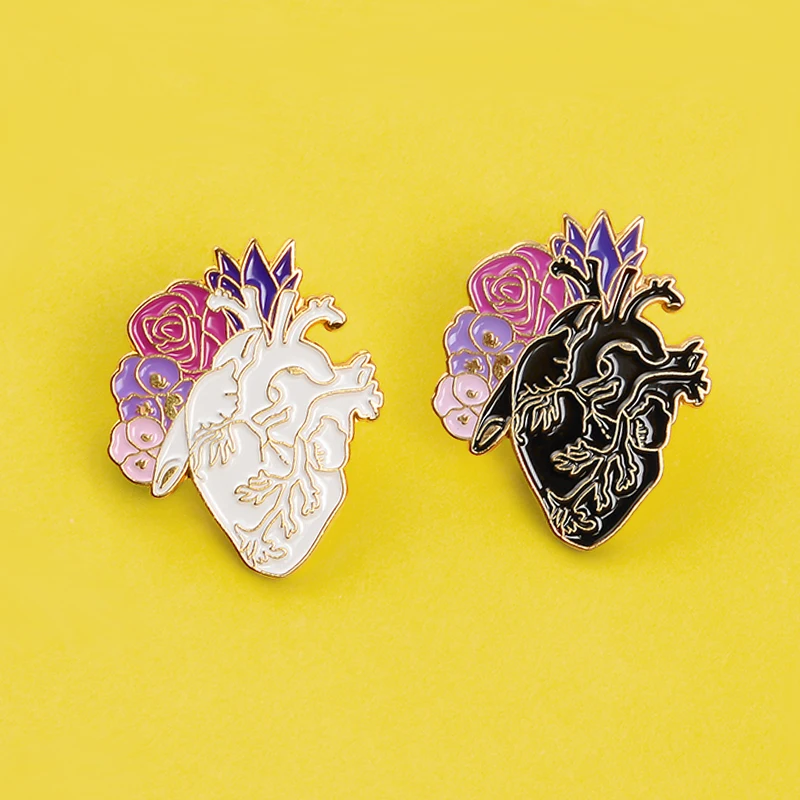Mode Bloem Hart Emaille Pins Art Design Zwart Wit Menselijk Hart ...