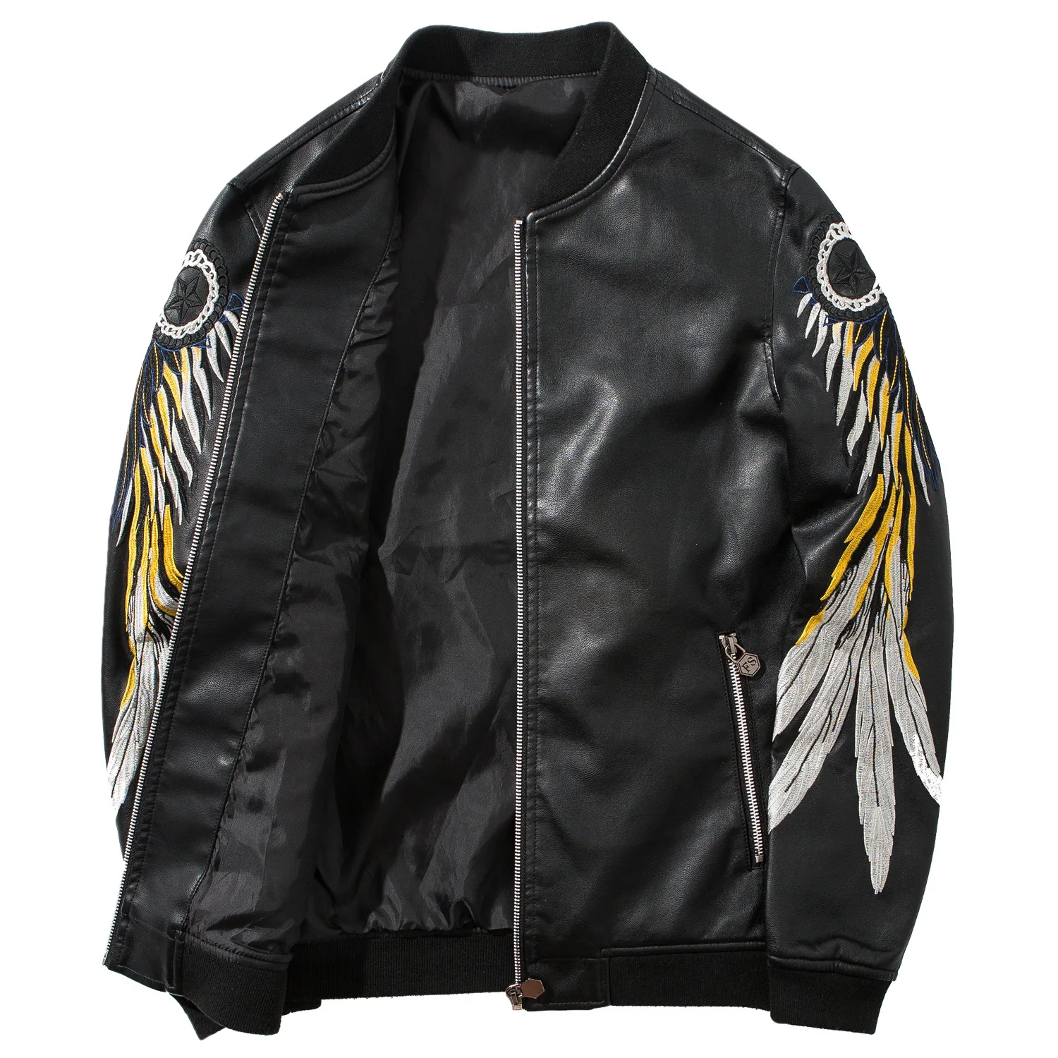 Мужская Куртка мотоциклист перо вышивка искусственная кожа пальто Ретро ...