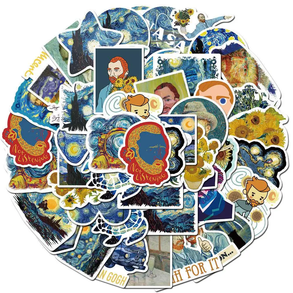 50pcs-Artist-Van-Gogh-Stickers-The-Starry-Night-Sunflowers-Decals-For ...