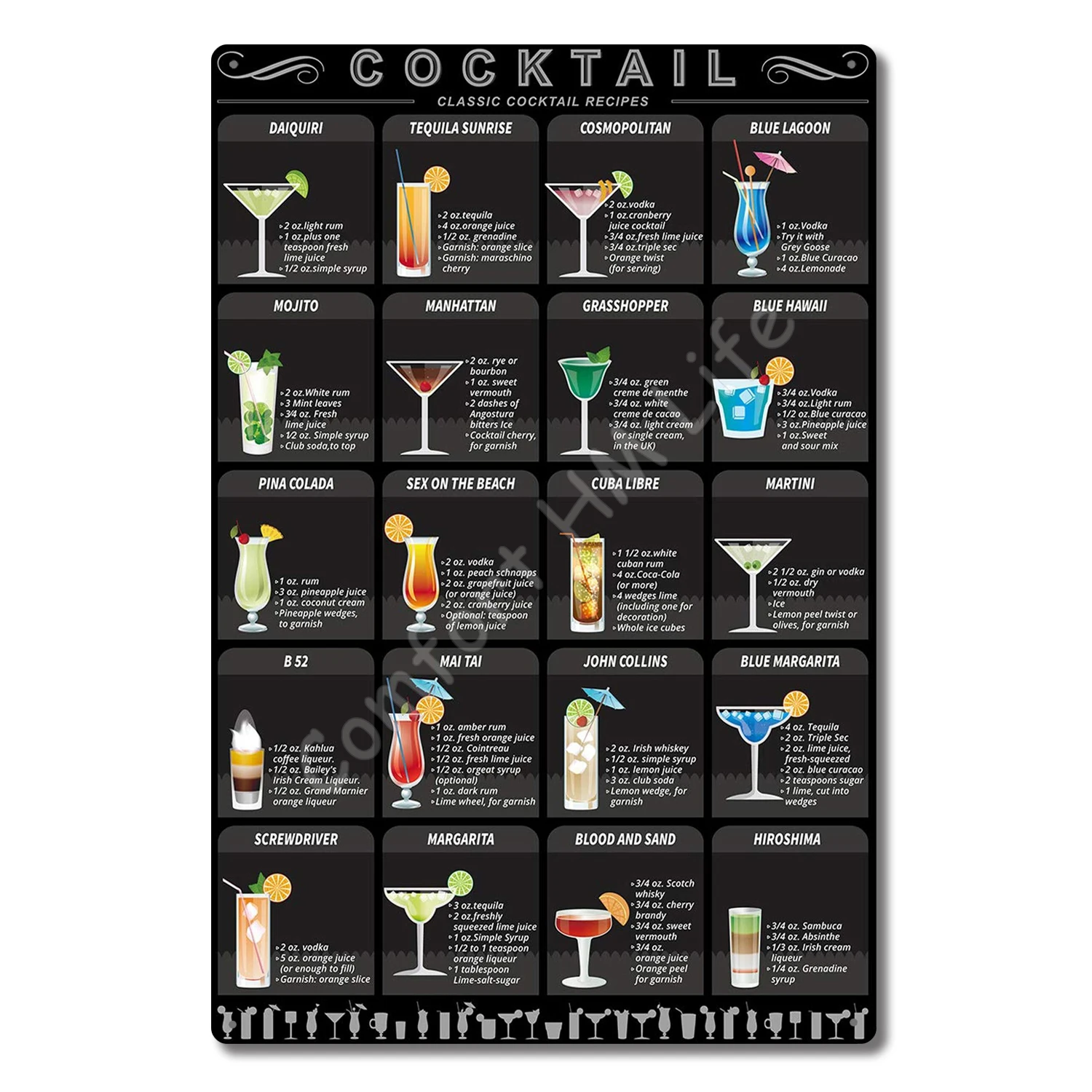 Vintage Classic Cocktail Recipes Tin Sign Retro Whiskey Gin Tequila ...