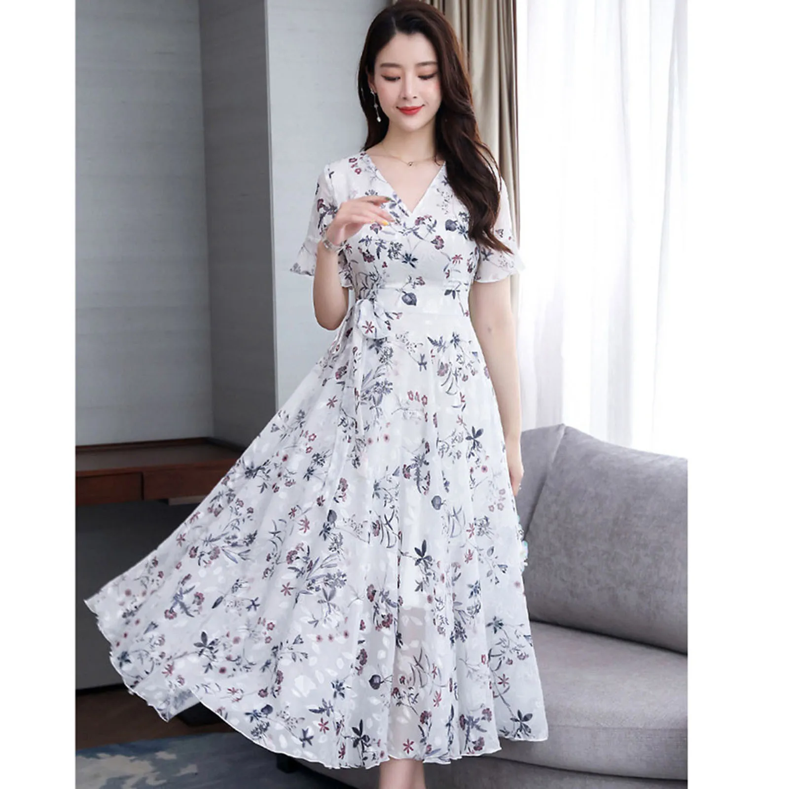 Women's Fashion V neck Korean Little Fresh Dress Maxi Dresses For Women ...
