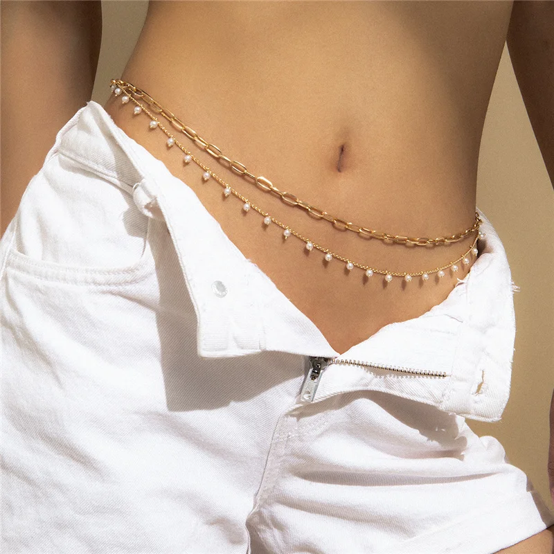 Body Chain Double Layer Belly Chain Pearl And Metal Chain Set Creative