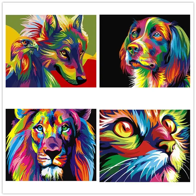 NOVO Cão Gato Leão Lobo Pintura A Óleo Por Números DIY Emoldurado ...
