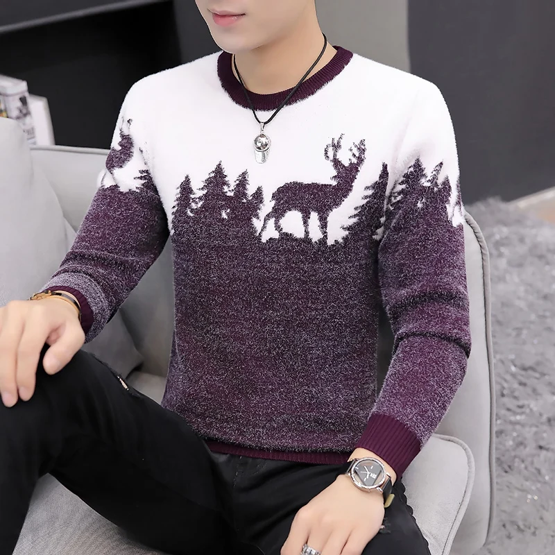 Men Spring Autumn Sweater Deer Printed Long Sleeve Pullover Sweater ...