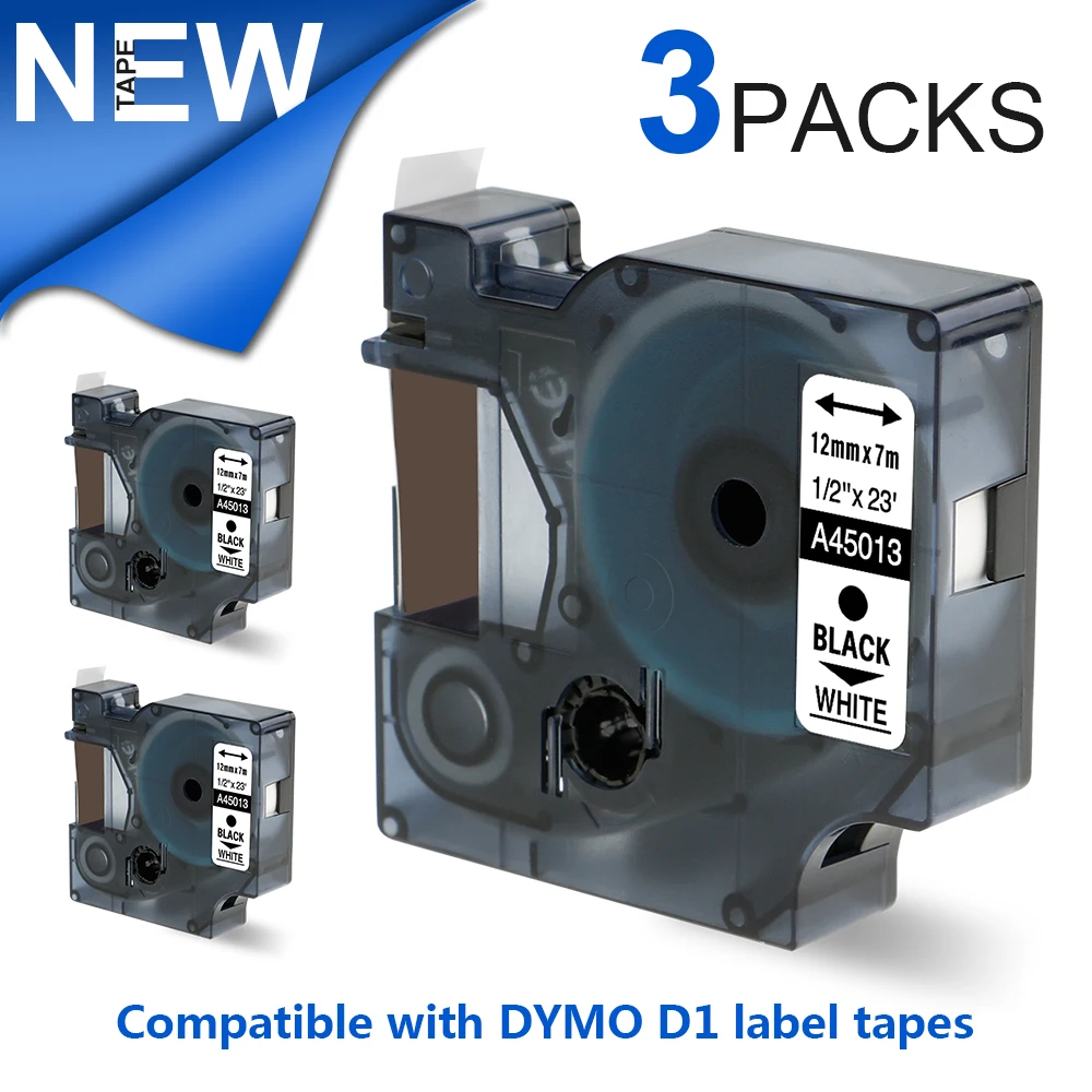Labelife 3 Pack 12mm DYMO 45013 Black on White Label Ribbon Cassette ...