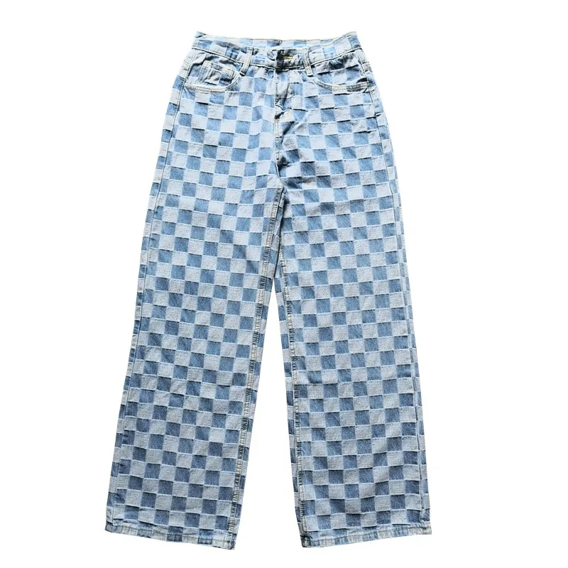 Chic-Harajuku-BF-High-Waist-Pocket-Wide-Leg-Plaid-Denim-Jeans-Women ...