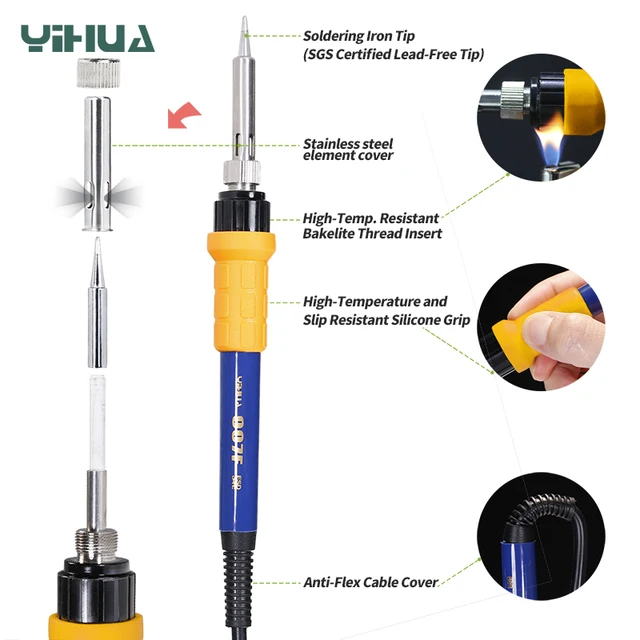 60W Fűtés Yihua 907F Forrasztó Vaskék Fogantyú Javító Szerszámok – FIXO.hu