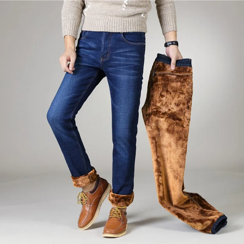 Winter Men's Plus Fleece Warm Jeans Classic Thick Denim Stretch Slim ...