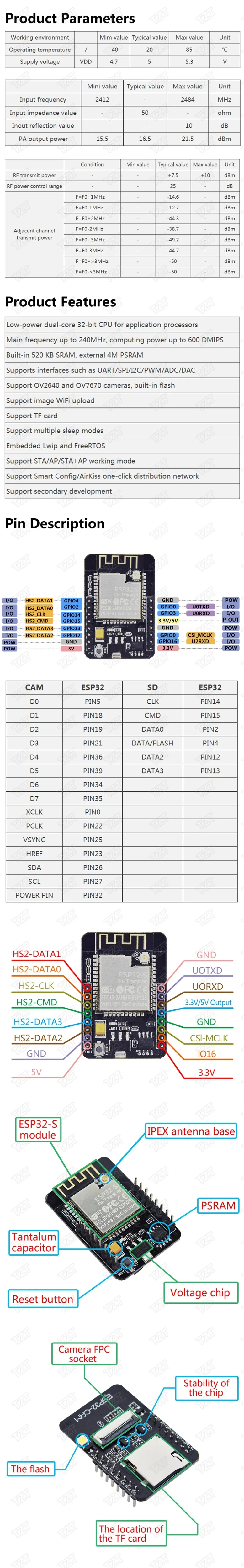 ESP32-CAM WiFi + Bluetooth Module Camera Module Development Board ESP32 ...