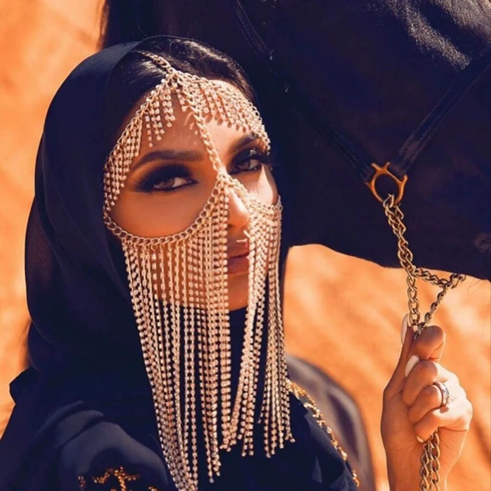 Indian Jewelry Full Rhinestone Tassel Mask Chain Decoration Face For ...