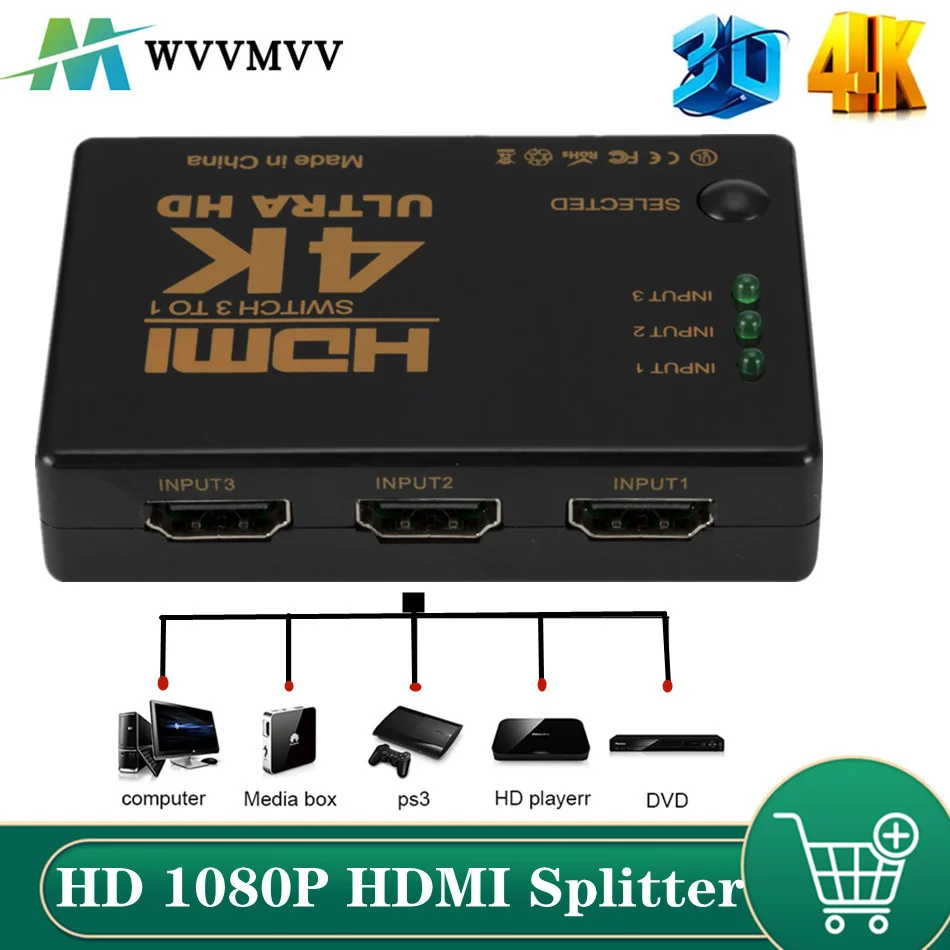 HDMI Switch 4K Switcher 3 in 1 out HD 1080P Video Cable Splitter 1x3 ...