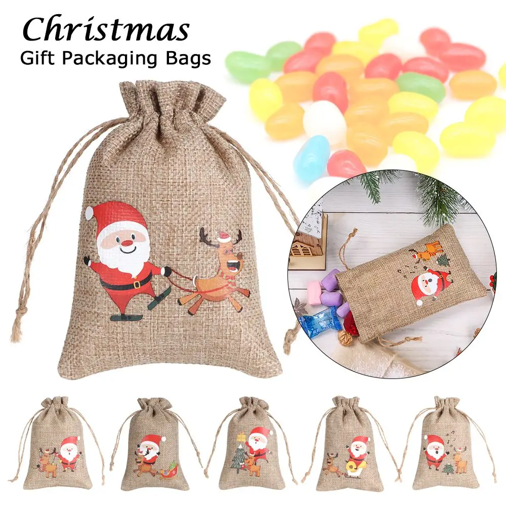 Cotton Burlap Bag Elk Santa Claus Christmas Gift Packaging Bags Jewelry ...