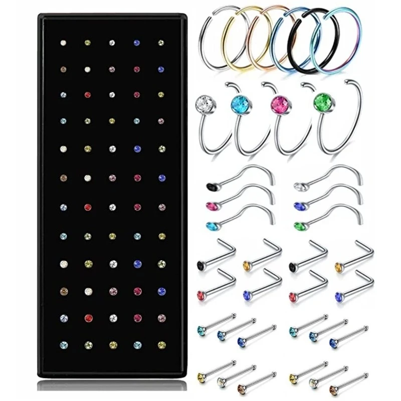 40-60Pieces-Crystal-Stud-Nose-Ring-Set-Stainless-Steel-Nose-Hoop-Lshape ...
