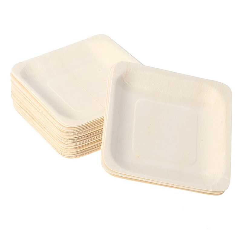 100Pcs Disposable Square Wooden Plates Portable Tableware for Birthday ...