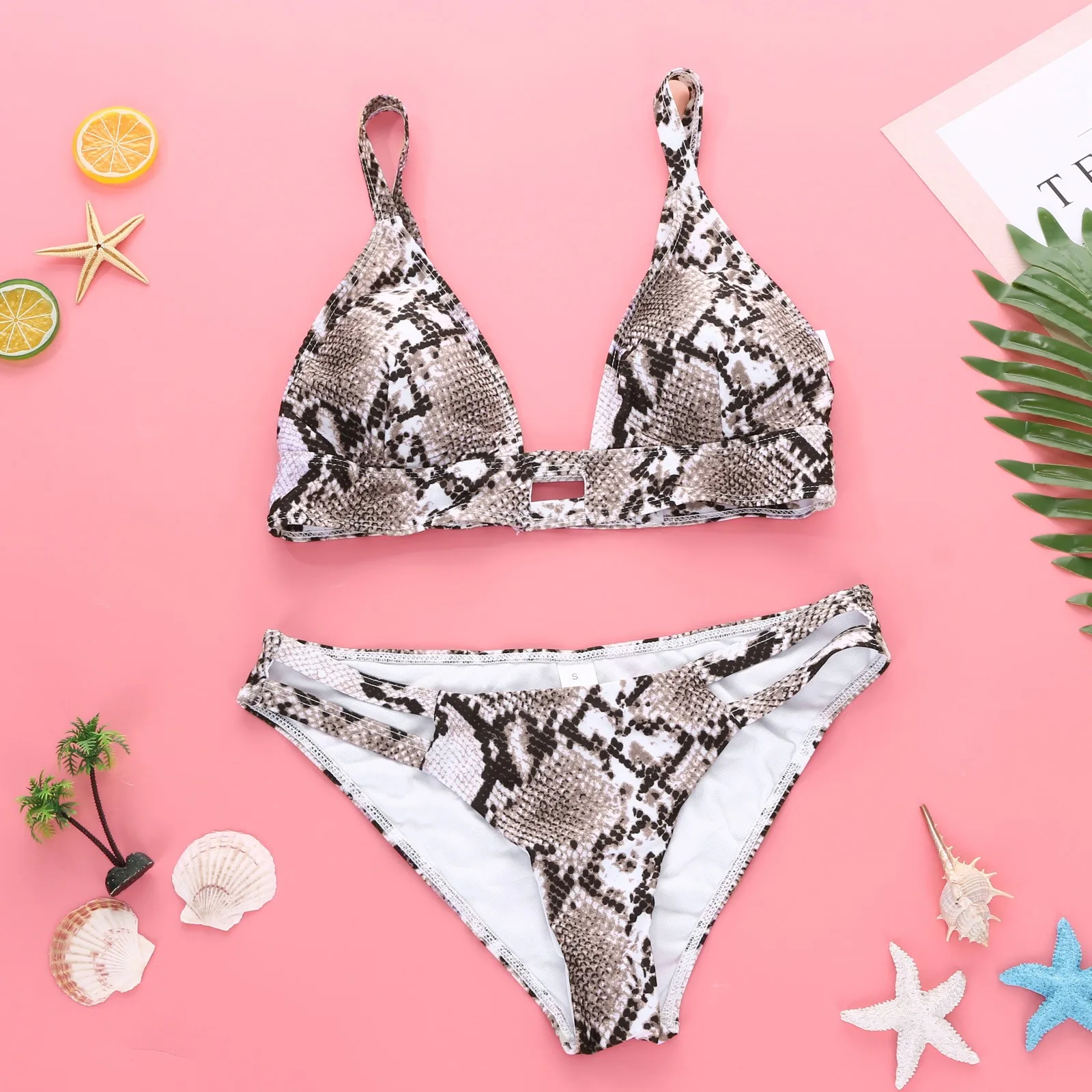 Woman Sexy Bikini Snake Texture Printing Cup Split Cover up Swimsuit ...