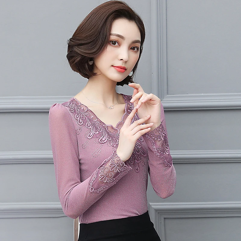 Dingaozlz L-5XL, новинка, кружевные топы, v-образный вырез, плюс размер, рубашка, модная женская ...