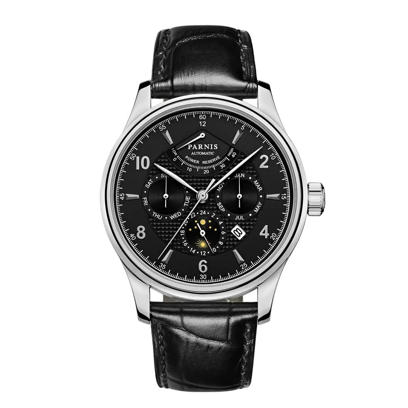 Casual-Parnis-43mm-Automatic-Watch-Moon-Phase-Power-Reserve-Men-Luxury ...