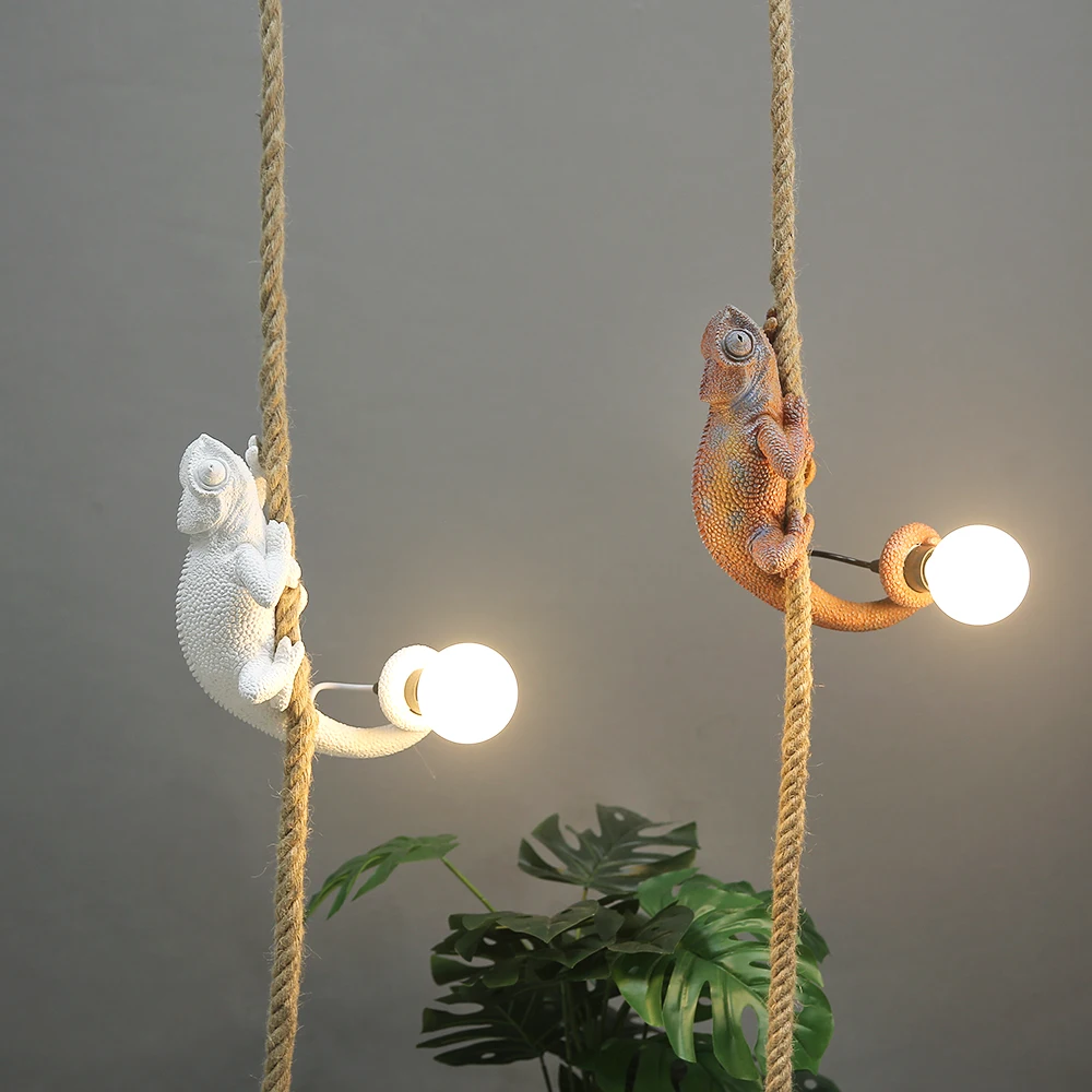 Resin-White-color-chameleon-Pendant-Light-For-Living-Room-Hemp-Rope ...