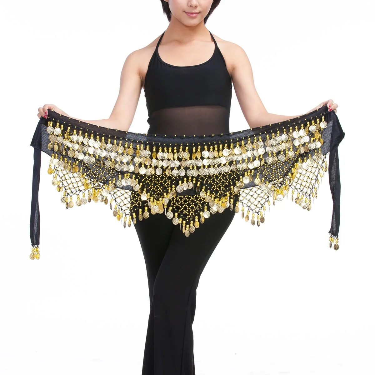 Women's Belly Dance Wave Shape Hip Scarf Golden Coins Wrap Belt Velvet ...