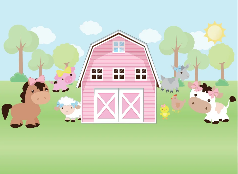 7x5ft Pink Barn Farm Baby Animals Green Garden Custom Photo Studio ...