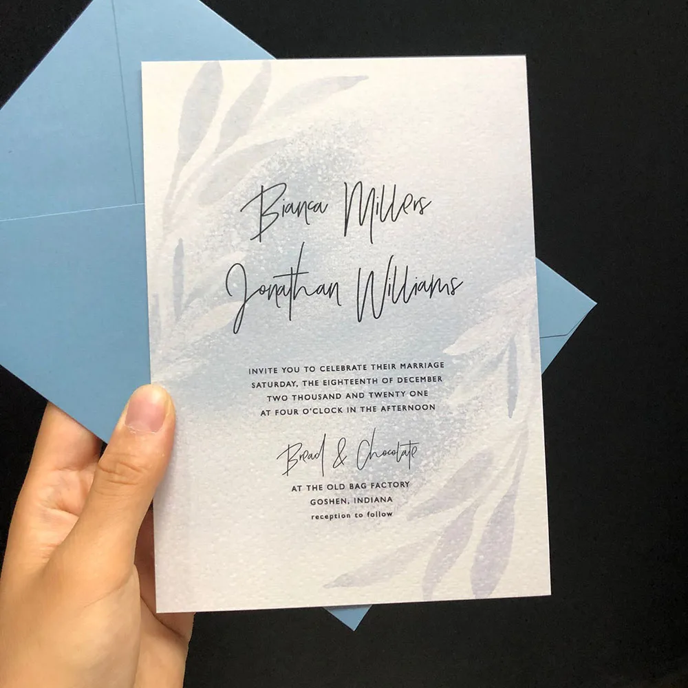 Dusty Blue Botanical Watercolor Wedding Invitation Textured Paper Cards ...
