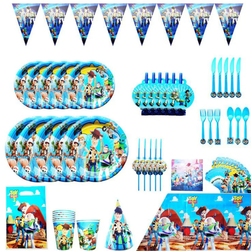 Toy Story 3 vajilla desechable para fiesta de cumpleaños de niños, platos, tenedor, bandera ...