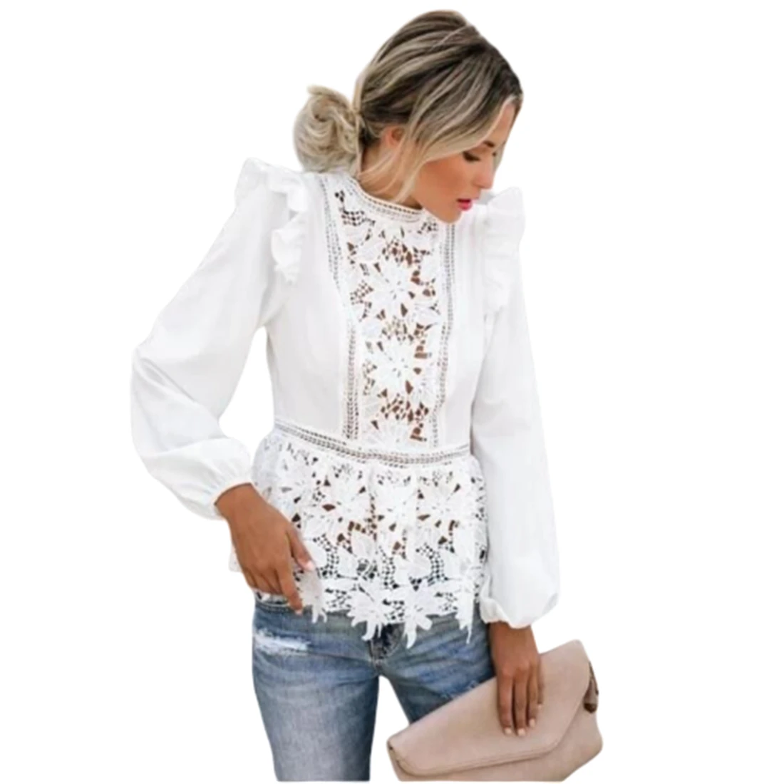 FREE SHIPPING White Floral Lace Blouse JKP4449