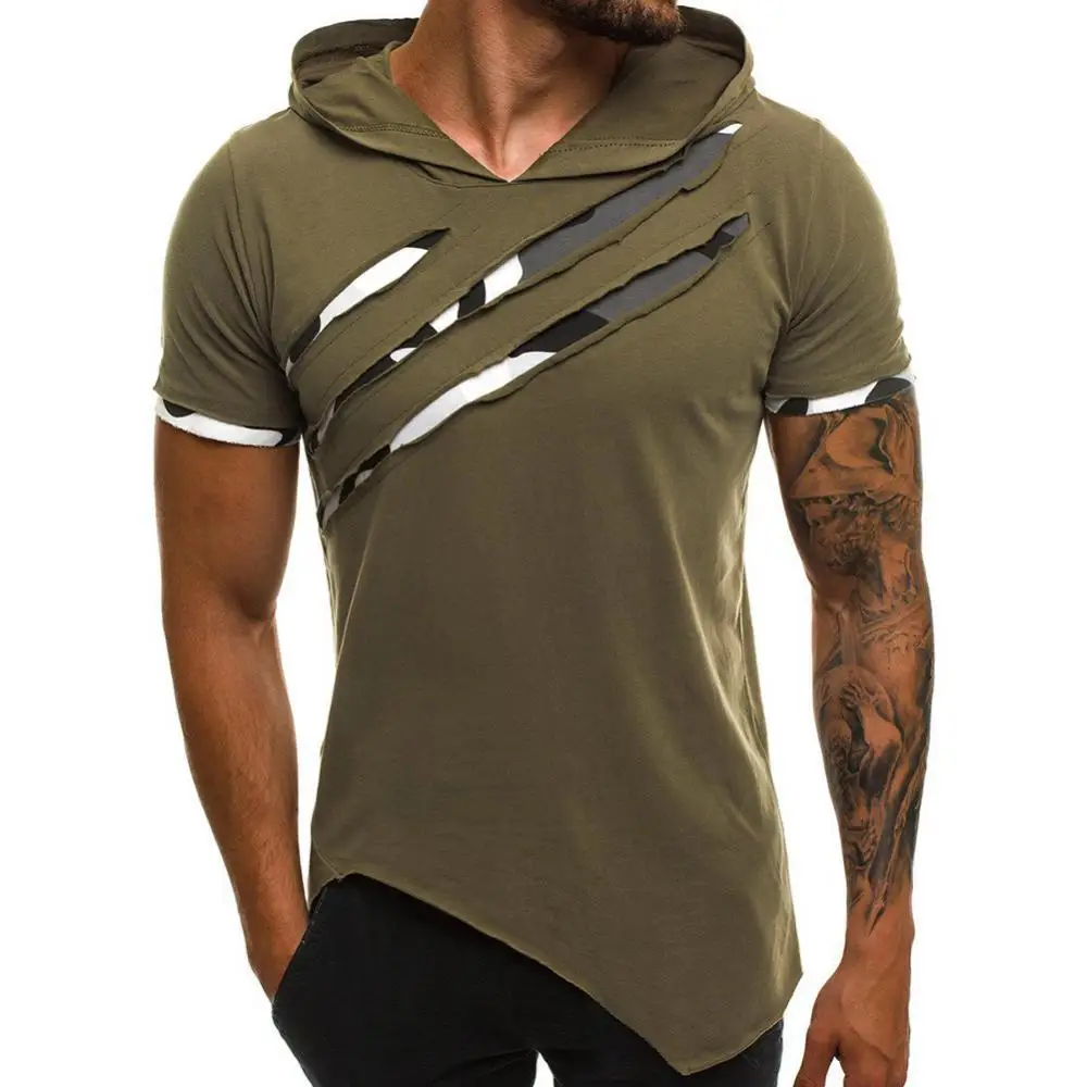 Men-T-Shirts-Casual-Ripped-Short-Sleeve-Ripped-Irregular-Hem-Slim-with ...